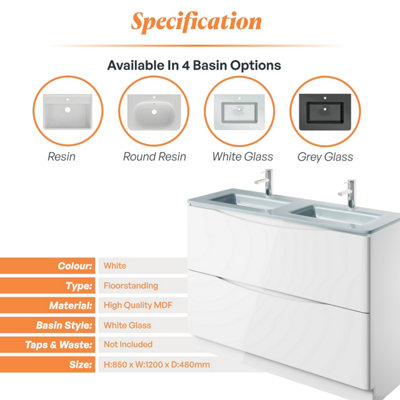Eden 1200mm Floorstanding Vanity Unit in Gloss White & White Glass Basin
