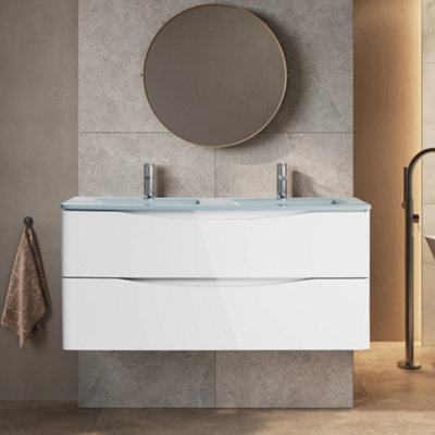 Eden 1200mm Wall Hung Vanity Unit in Gloss White & White Glass Basin ...