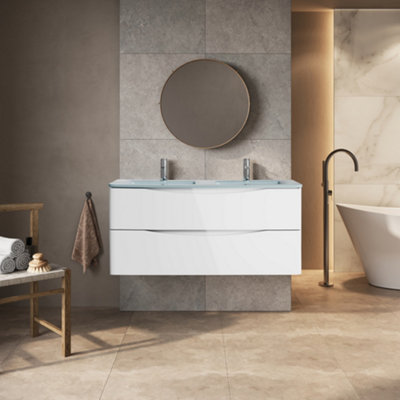 Eden 1200mm Wall Hung Vanity Unit in Gloss White & White Glass Basin