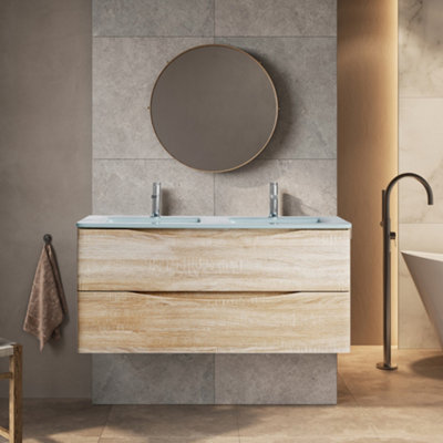 Eden 1200mm Wall Hung Vanity Unit in Light Oak & White Glass Basin ...