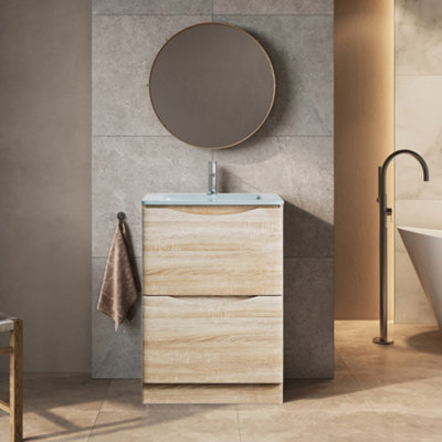 Eden 600mm Floorstanding Vanity Unit in Light Oak & White Glass Basin ...