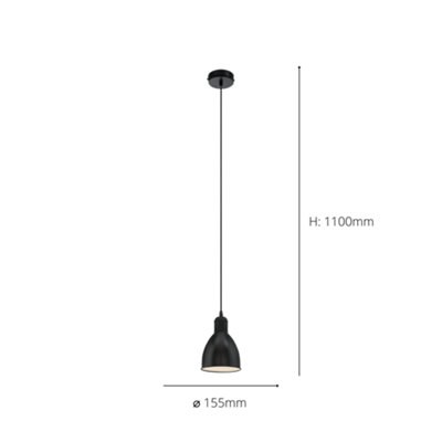 EGLO Priddy Black Metal 1 Light Ceiling Pendant, 15.5cm Dia