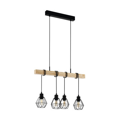 EGLO Townshend 5 Black/Natural Metal & Wood 4-Light Geometric Pendant ...