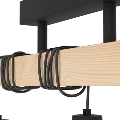 EGLO Townshend 5 Black/Natural Wood 3-Light Ceiling Pendant, Semi-Flush ...