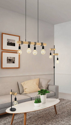 EGLO Townshend Black/Natural Metal & Wood 4-Light Geometric Pendant ...