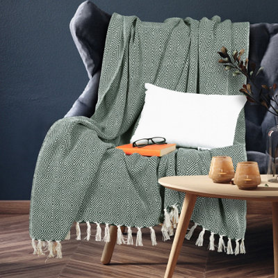 EHC Luxury Reversible Super Soft Cotton Diamond Large Throw For Sofa Double Bed Armchair Hunter Green