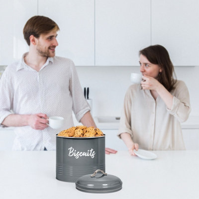 EHC Round Grey Enamel Airtight Cookie/Biscuits Storage Canister, 3L