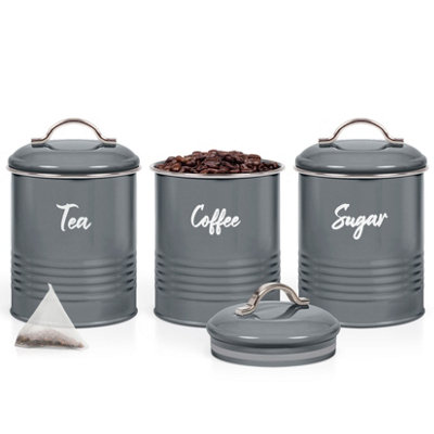 EHC Set of 3 Airtight Round Tea, Sugar & Coffee Storage Jars, Grey, 0.9 L