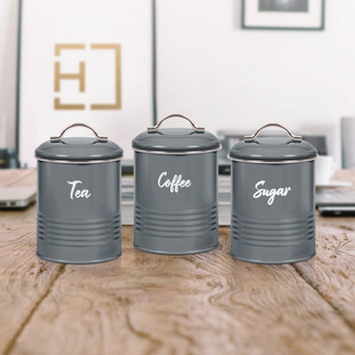 EHC Set of 3 Airtight Round Tea, Sugar & Coffee Storage Jars, Grey, 0.9 L