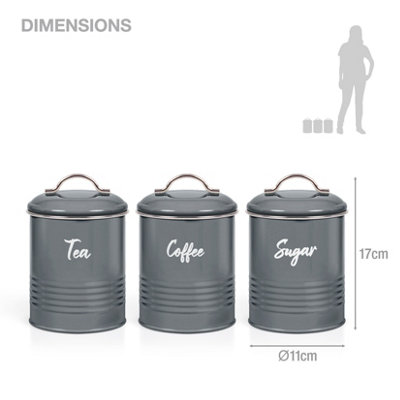 EHC Set of 3 Airtight Round Tea, Sugar & Coffee Storage Jars, Grey, 0.9 L