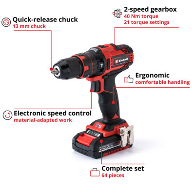 Einhell Cordless Combi Drill Set 40Nm 18V With Battery Charger And 64 ...