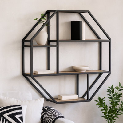 El Paso Octagonal Wall Shelf Matte Black Frame with 4 Wild Oak Shelves ...