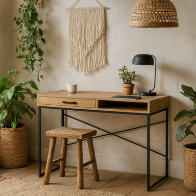 El Paso Office Desk - 1 Drawer, Wild Oak Effect & Black Metal Base