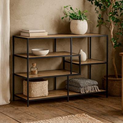 El Paso Wide Bookcase Black Metal Frame with Wild Oak Veneer, 4 Shelves