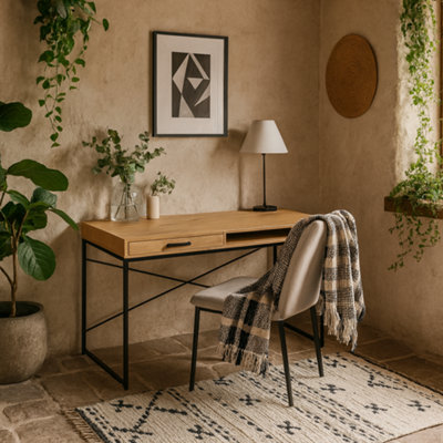 El Paso Wild Oak Effect Desk with Drawer, Shelf and Black Metal Sledge Base
