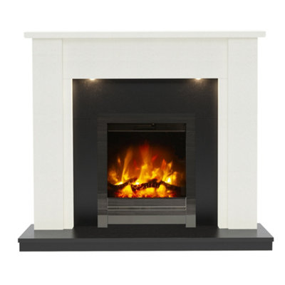 Elda 48" White & Black Granite Effect Micro Marble Fireplace with Beam ...