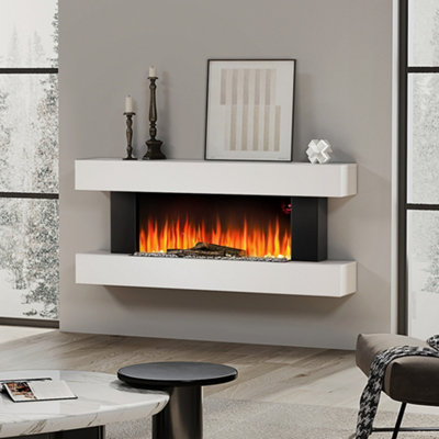 Electric Fire Suite Black Fireplace with White LED Surround Set Remote ...