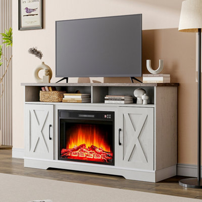 Electric Fire Suite Black Fireplace with White TV Stand Surround Set ...