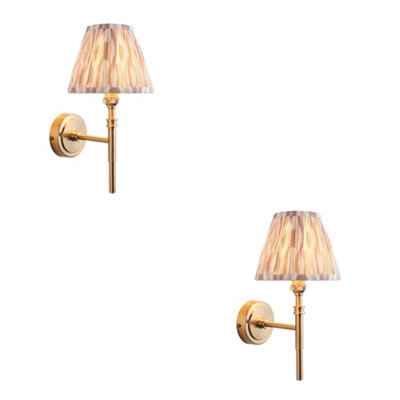Elegant 2 Pack Dimmable Wall Lights in Aged Brass with Neutral Fabric ...