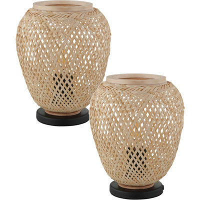 Elegant 2-Pack Table Lamp Set with Black Base and Wicker Wood Shade
