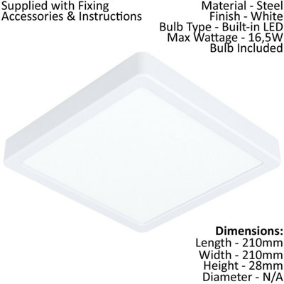 Elegant 210mm Square White LED Wall and Ceiling Light - 16.5W 3000K