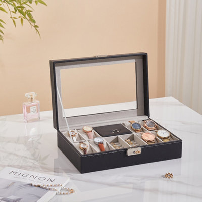 Elegant Black 8-Slot PU Leather Watch Display Box with Transparent Lid ...