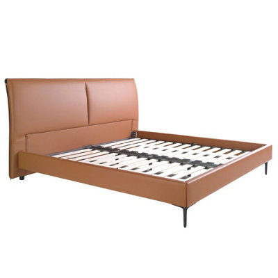 Elegant Brown Leatherette Bed with Unique Headboard