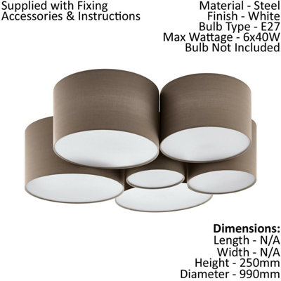 Elegant Flush Ceiling Light with 6 Taupe Fabric Shades E27 Bulbs