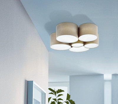 Elegant Flush Ceiling Light with 6 Taupe Fabric Shades E27 Bulbs