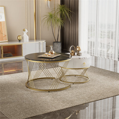 Elegant nesting Coffee Table Marble Look Gold Decor Side Table with Drawers Set of 2