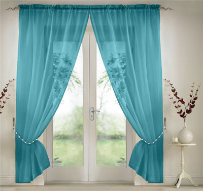 Elegant Plain Voile Curtain Panels PAIR with FREE Tie Backs 150cm x ...