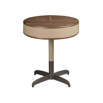 Elegant Round Corner Table in Leather, Walnut, and Grey Steel