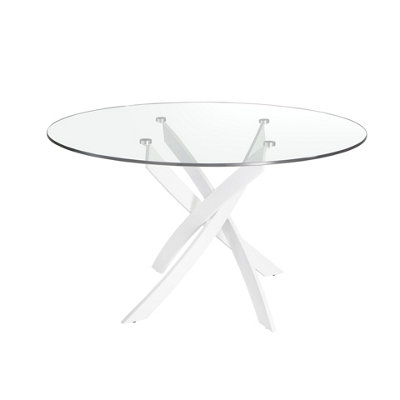 Elegant Round Tempered Glass Dining Table with White Steel Legs