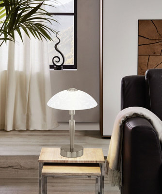 ELEGANT SATIN NICKEL TABLE LAMP WITH WHITE SATIN GLASS SHADE AND E14 ...