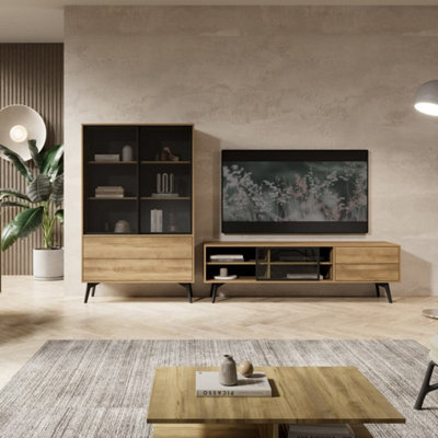 Elegant Slide TV Cabinet in Oak and Black 1800mm x 540mm x 390mm ...