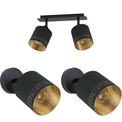 Elegant Twin Ceiling Spot Light with Matching Black and Gold Wall Lights