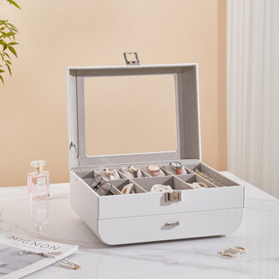 Elegant White Faux Leather Jewellery Box with Transparent Lid