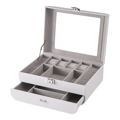 Elegant White Faux Leather Jewellery Box with Transparent Lid