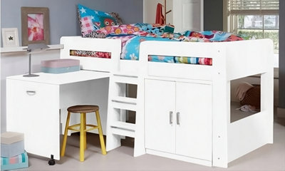 Elegant White Modern Kids Mid Sleeper Cabin Bed with Desk - Space ...