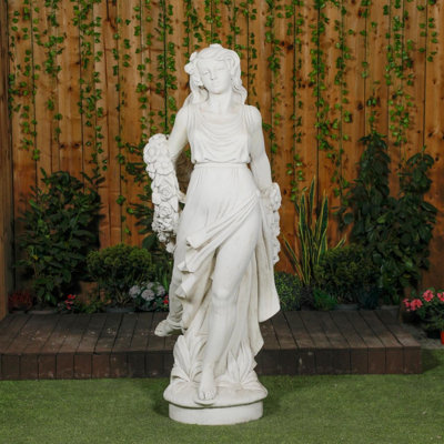 Elegant White Stone Cast Lady With A Rose Garland 1 m 76 Tall
