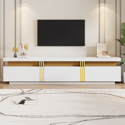 Elegant White TV Stand with Faux Marble Top,Gold Accents,3 Drawers for ...