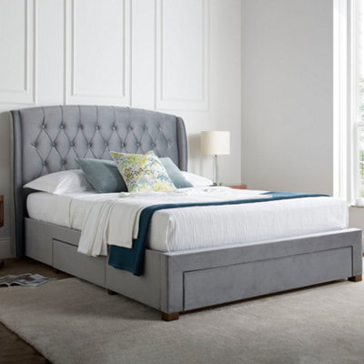 Elise Grey Winged Upholstered Drawer Storage Bed Frame - Double Size ...