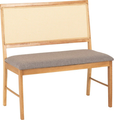 Ellis 2 Seater Bench in Oak Effect with Rattan Back and Grey Fabric