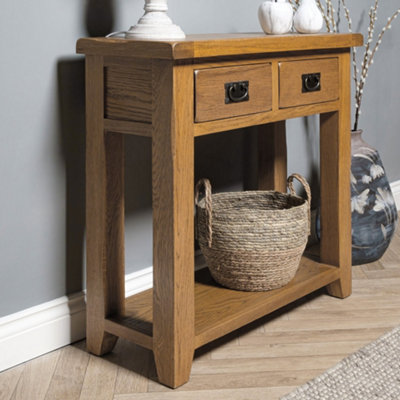 Elm Home And Garden 2 Drawer Rustic Oak Wooden Console Hall Telephone Table 91cm High x