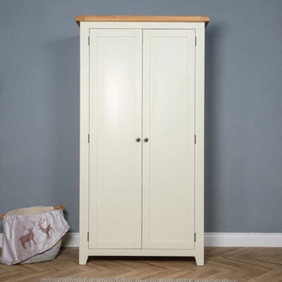 Elm Home And Garden Painted Cream Off White Oak Wooden 2 Door Full Hanging Double Wardrobe 190cm High x 101cm Wide x 56cm Deep