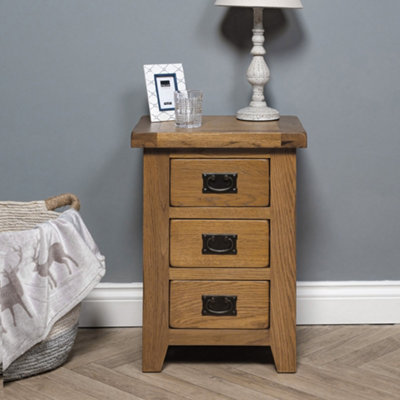 Elm Home And Garden Rustic Oak Wooden 3 Drawer Bedside Cabinet Table 62cm High x 47cm