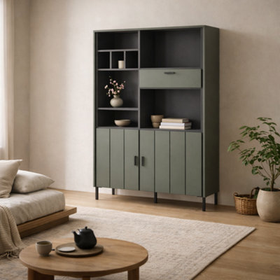 Elowynd Olive Green Panelled Bookcase 2 Doors, 1 Drawer, 9 Shelves