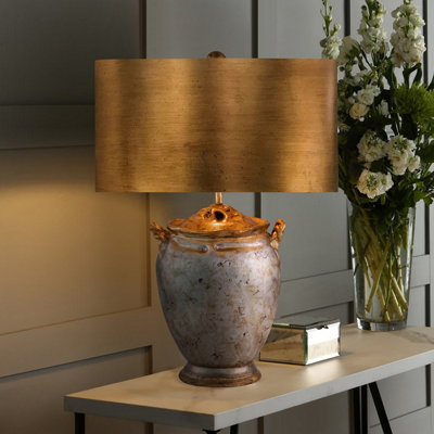 Elstead Jackson Table Lamp with Round Shade, Antiqued Silver with Gold Leaf