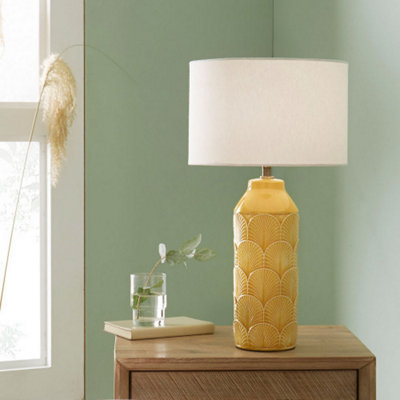 Embossed Mustard Ceramic Table Lamp Yellow Textured Feather Lamp For ...