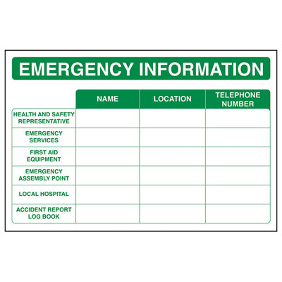 Emergency Information First Aid Sign - Adhesive Vinyl - 300x200mm (x3)